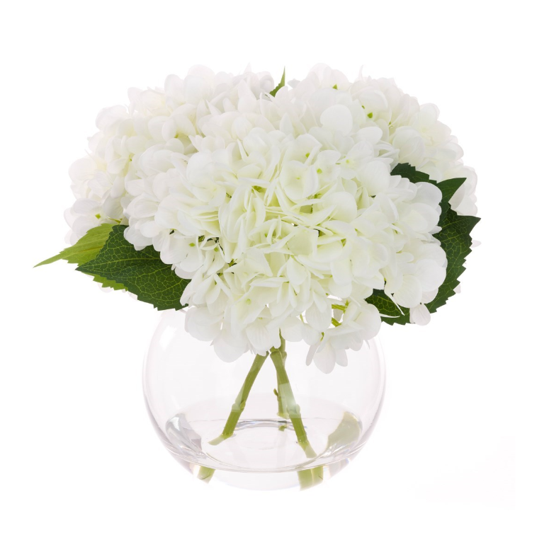 Faux White Hydrangea Arrangement in Globe Glass Vase – CharlesTed Home