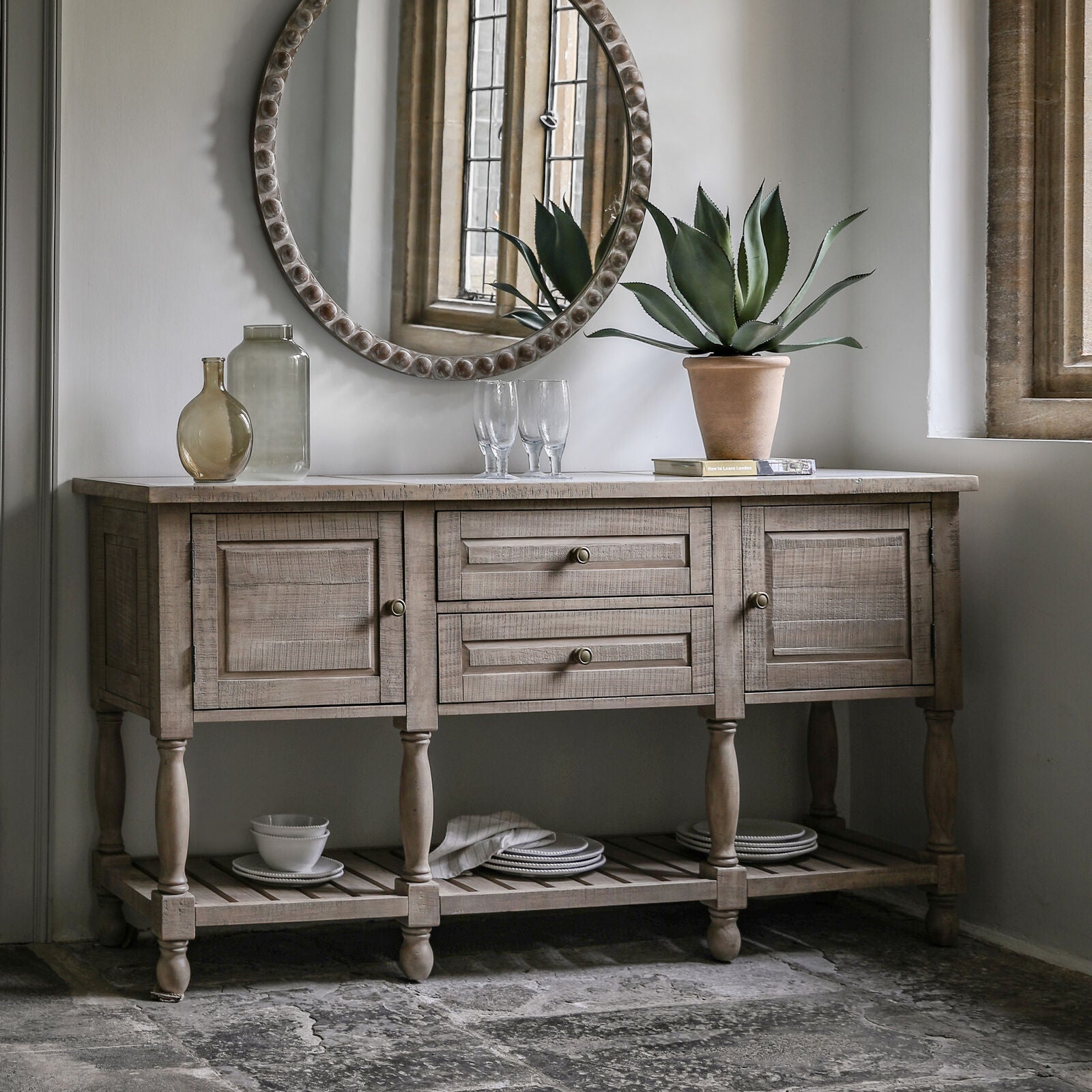 Rustic Wooden Sideboard with Marble Top | 4 Door 2 Drawer Console Tabl ...